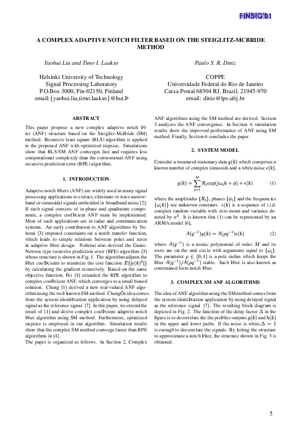 (PDF) A Complex Adaptive Notch Filter Based On The Steiglitz-McBride Method