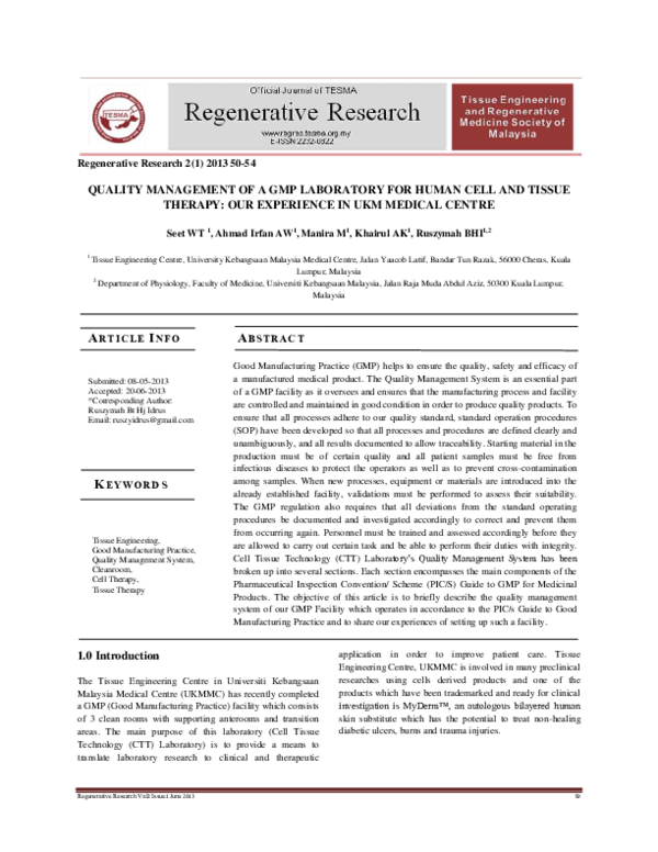 (PDF) Quality Management of a GMP Lab for Human Cell and Tissue Therapy ...