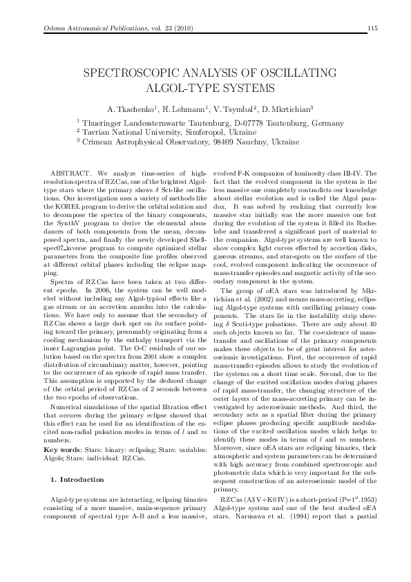 (PDF) Spectroscopic Analysis of Oscillating Algol-Type Systems