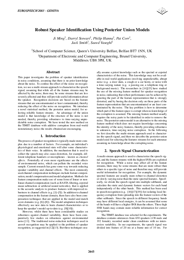 (PDF) Robust speaker identification using posterior union models | Jack Smith - Academia.edu