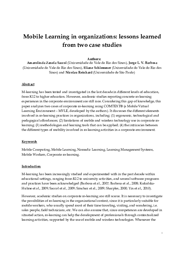 (PDF) Mobile Learning in Organizations: Lessons Learned from Two Case ...