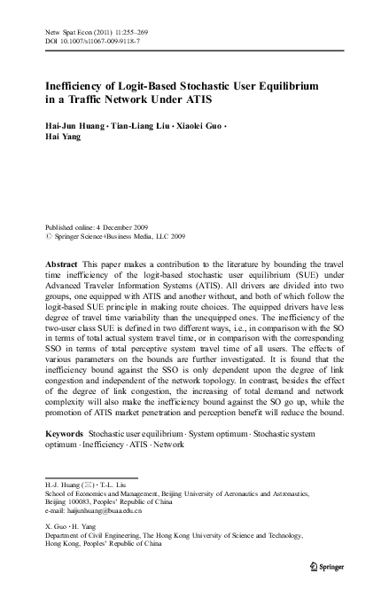 Pdf Inefficiency Of Logit Based Stochastic User Equilibrium In A