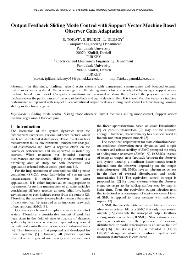 (PDF) Adaptive Output Feedback Control Using SVM for Observer Gain