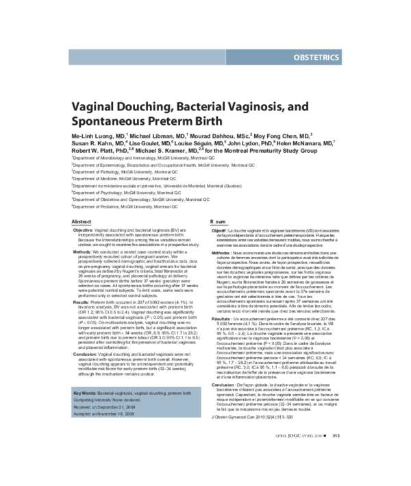 (PDF) Vaginal douching, bacterial vaginosis, and spontaneous preterm birth
