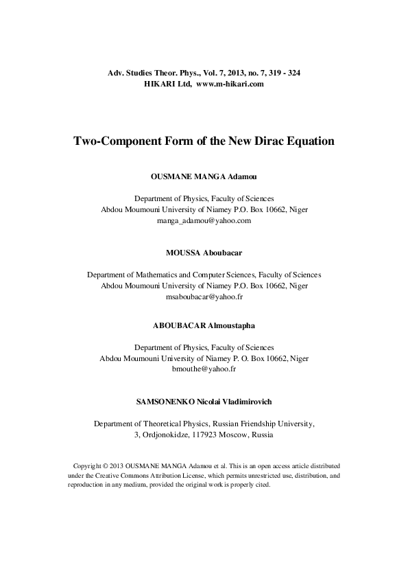 (PDF) Two-Component Form of the New Dirac Equation | Aboubacar Moussa ...