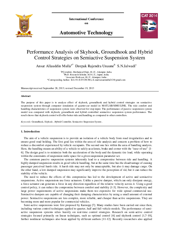 (PDF) Performance Analysis of Skyhook, Groundhook and Hybrid Control ...