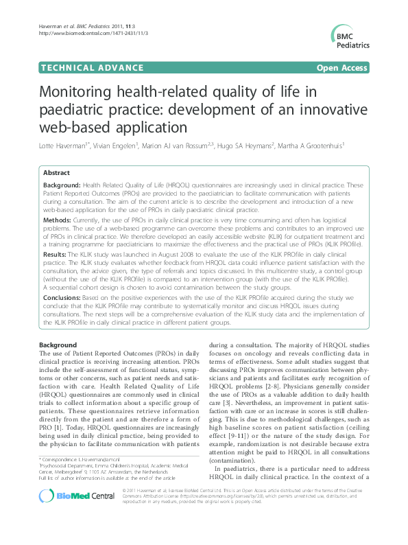 (PDF) Monitoring health-related quality of life in paediatric practice ...