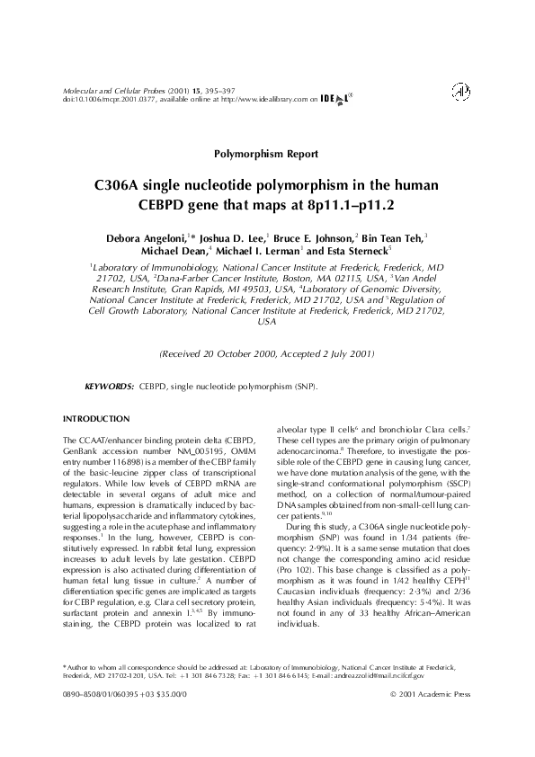 (PDF) C306A single nucleotide polymorphism in the human CEBPD gene that ...