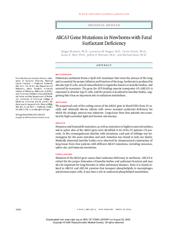(PDF) ABCA3 Gene Mutations in Newborns with Fatal Surfactant Deficiency ...