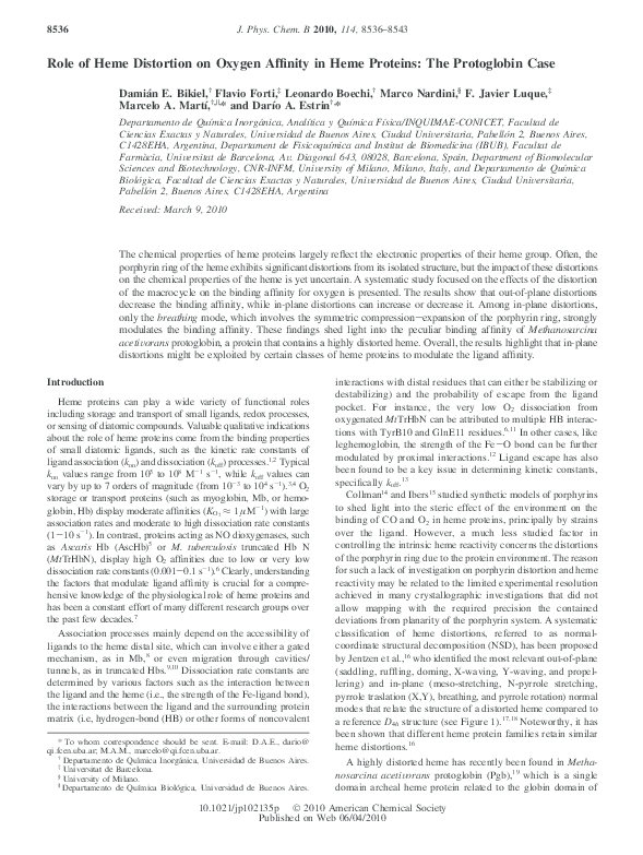 (PDF) Role of Heme Distortion on Oxygen Affinity in Heme Proteins: The ...