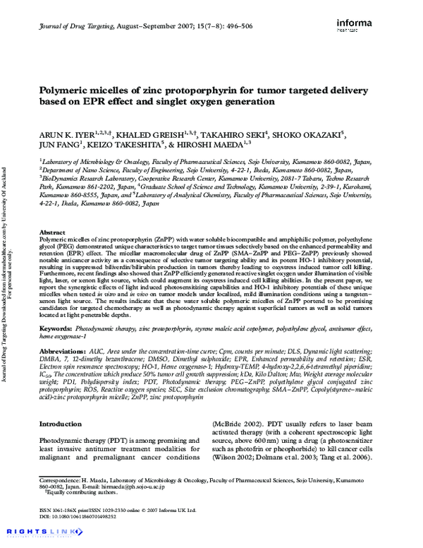 (PDF) Polymeric micelles of zinc protoporphyrin for tumor targeted ...