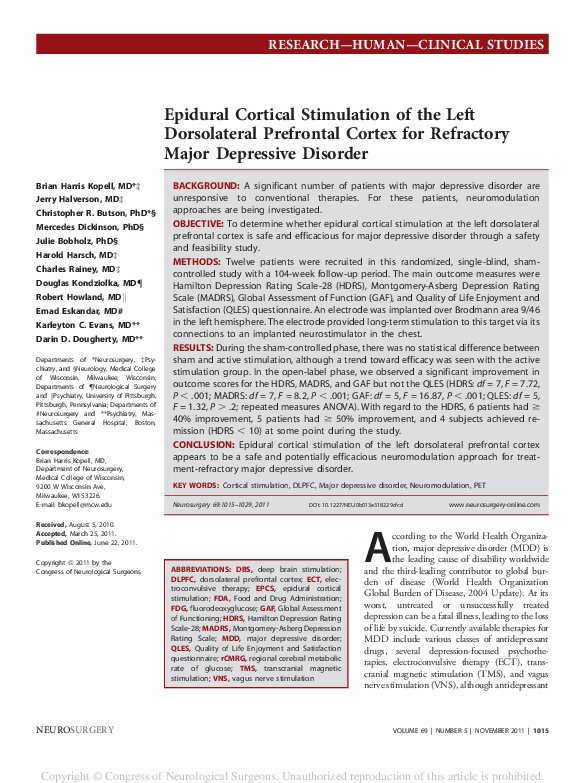 (PDF) Epidural Cortical Stimulation (EpCS) of the Left Dorsolateral ...