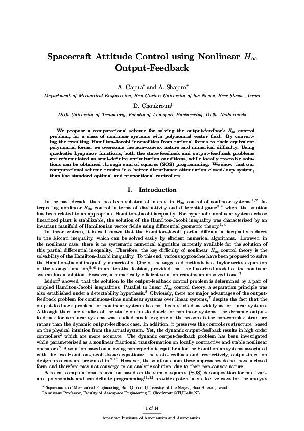 Pdf Spacecraft Attitude Control Using Nonlinear H Infinity Output