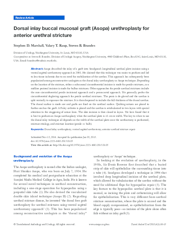 (PDF) Dorsal inlay buccal mucosal graft (Asopa) urethroplasty for ...