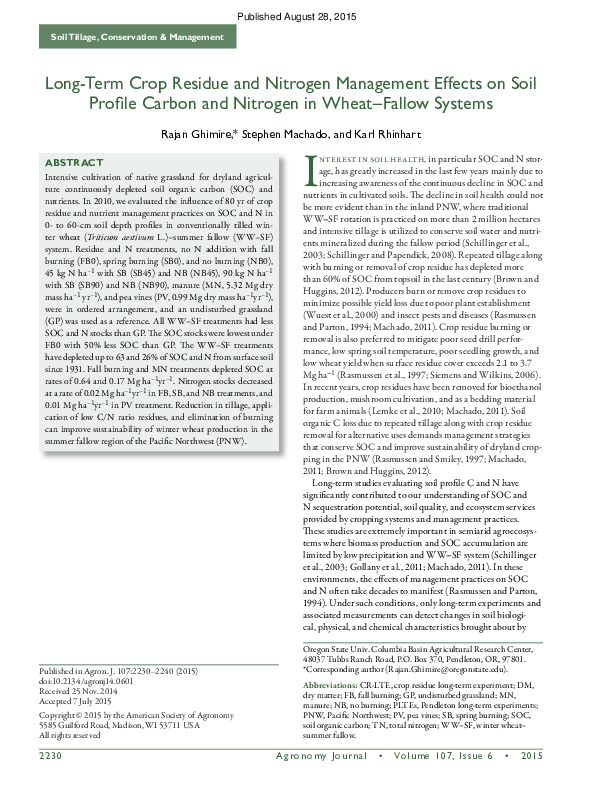 (PDF) Long-Term Crop Residue and Nitrogen Management Effects on Soil Profile Carbon and Nitrogen ...