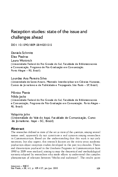 (PDF) Reception studies: state of the question and challenges ahead