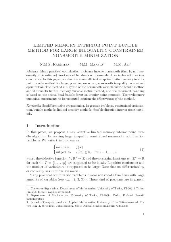 Pdf Limited Memory Interior Point Bundle Method For Large Inequality Constrained Nonsmooth