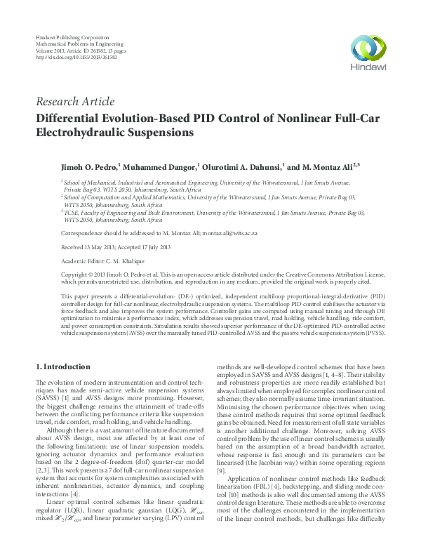 (PDF) Differential Evolution-Based PID Control of Nonlinear Full-Car Electrohydraulic Suspensions