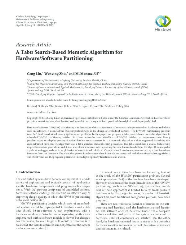 (PDF) A Tabu Search-Based Memetic Algorithm for Hardware/Software Partitioning