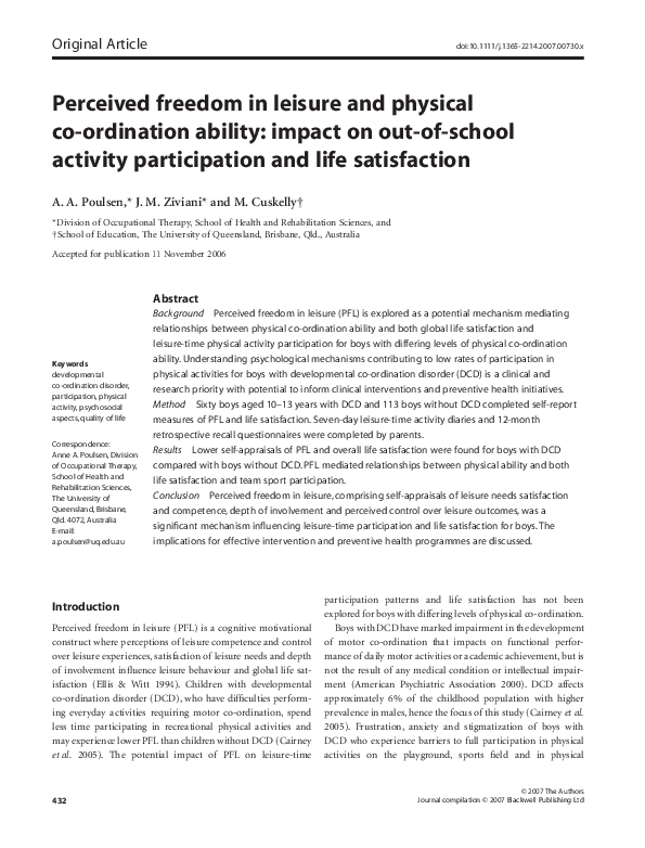 Perceived freedom in leisure and physical co-ordination ability: impact ...