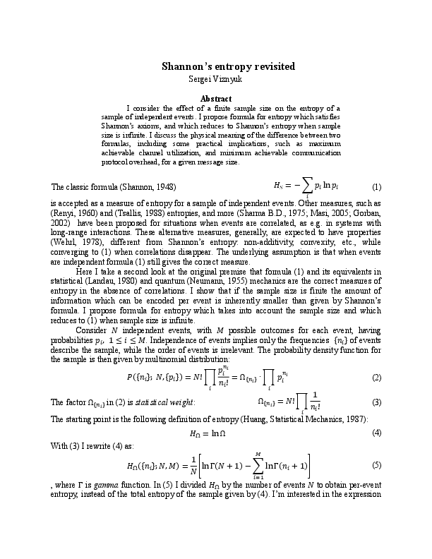 (PDF) Shannon's entropy revisited | Sergei Viznyuk - Academia.edu