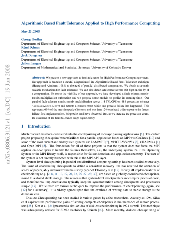 Pdf Algorithmic Based Fault Tolerance Applied To High Performance