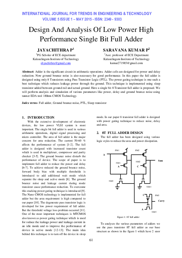 (PDF) Design And Analysis Of Low Power High Performance Single Bit Full Adder