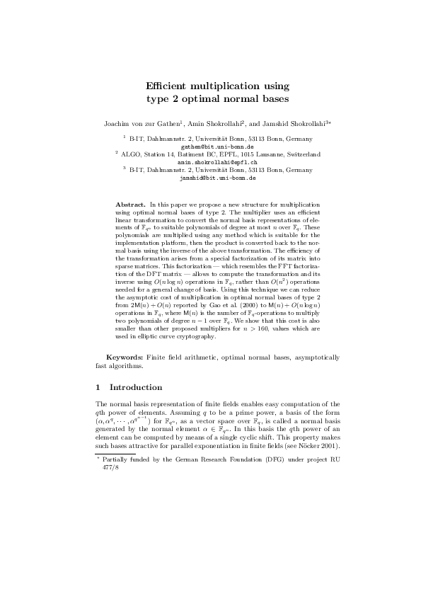 (PDF) Efficient Multiplication Using Type 2 Optimal Normal Bases