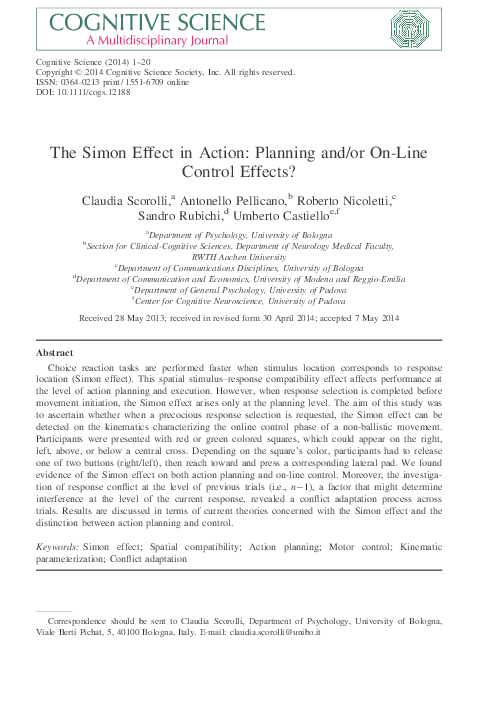 (PDF) The Simon Effect in Action: Planning and/or On-Line Control Effects?