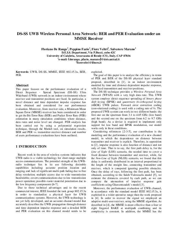 (PDF) DS-SS UWB Wireless Personal Area Network: BER and PER Evaluation under an MMSE Receiver