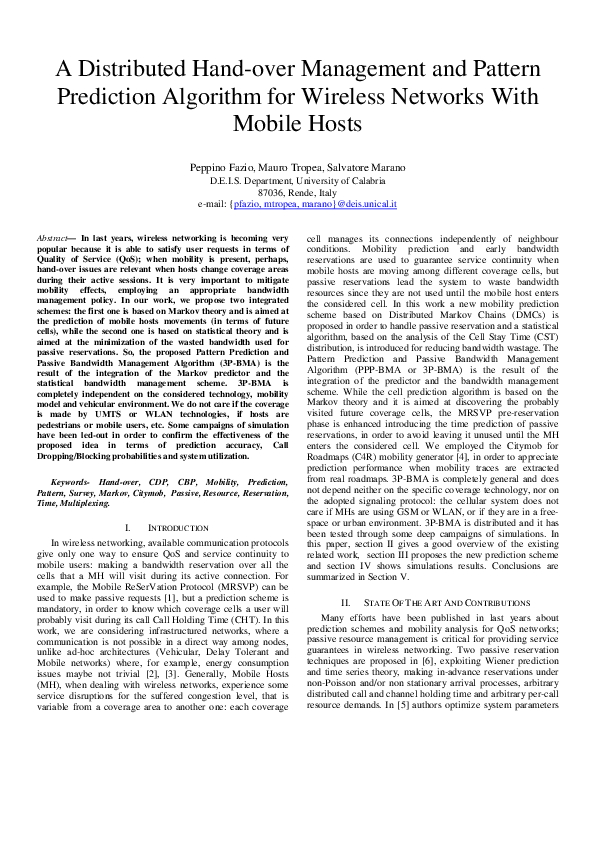 (PDF) A distributed hand-over management and pattern prediction algorithm for wireless networks ...