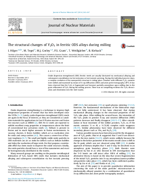 (PDF) The structural changes of Y 2 O 3 in ferritic ODS alloys during ...