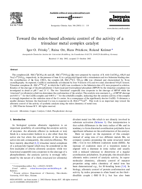 (PDF) Toward the redox-based allosteric control of the activity of a ...