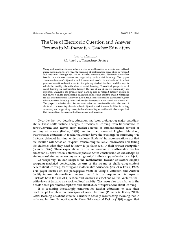 (PDF) The use of electronic question and answer forums in mathematics ...