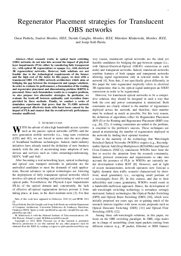 (PDF) Regenerator Placement Strategies for Translucent OBS Networks