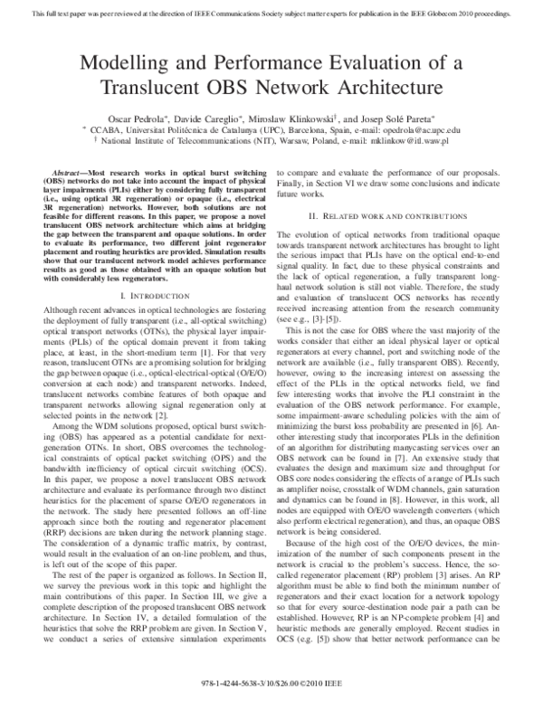 (PDF) Modelling and Performance Evaluation of a Translucent OBS Network Architecture | Josep ...