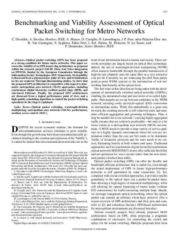 (PDF) Optical Packet Switching for metro networks