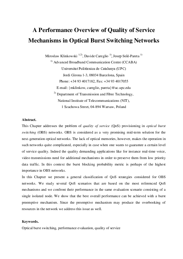 (PDF) A Performance Overview of Quality of Service Mechanisms in Optical Burst Switching ...