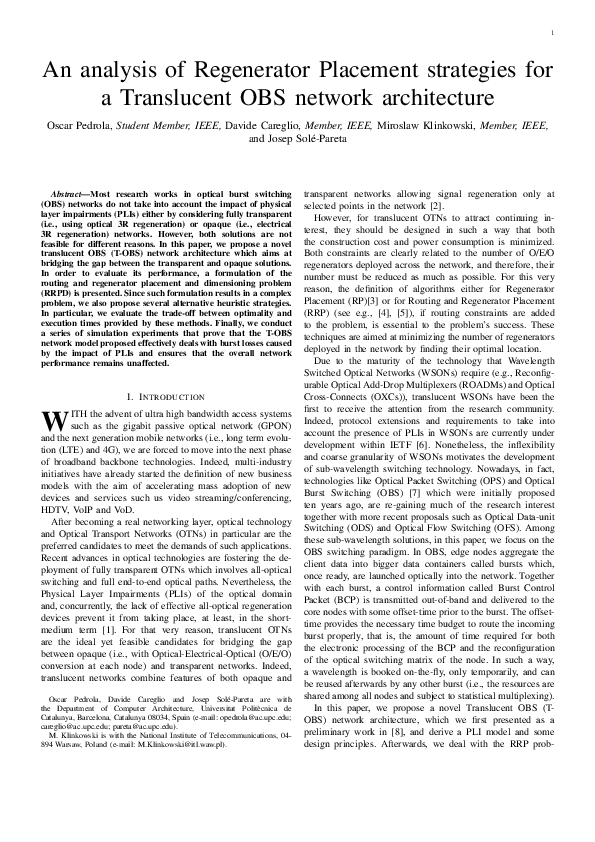 (PDF) Regenerator Placement Strategies in Translucent OBS Networks