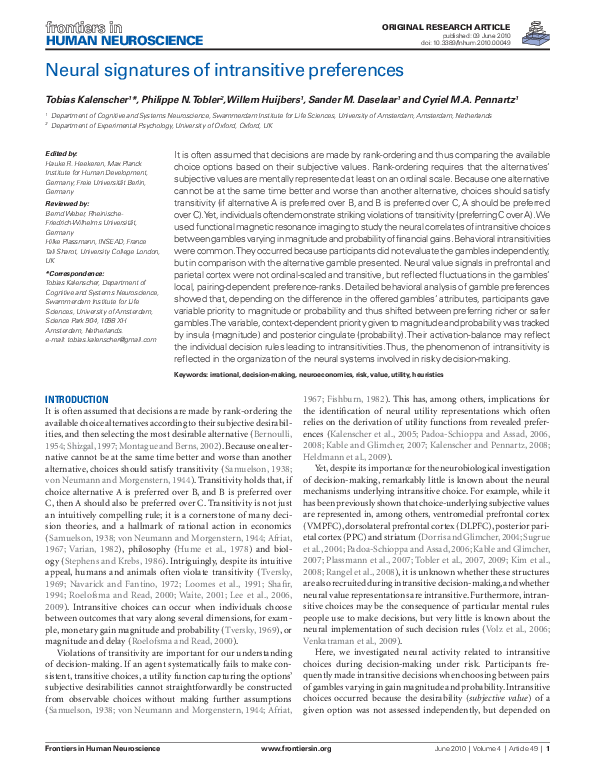 (PDF) Neural signatures of intransitive preferences