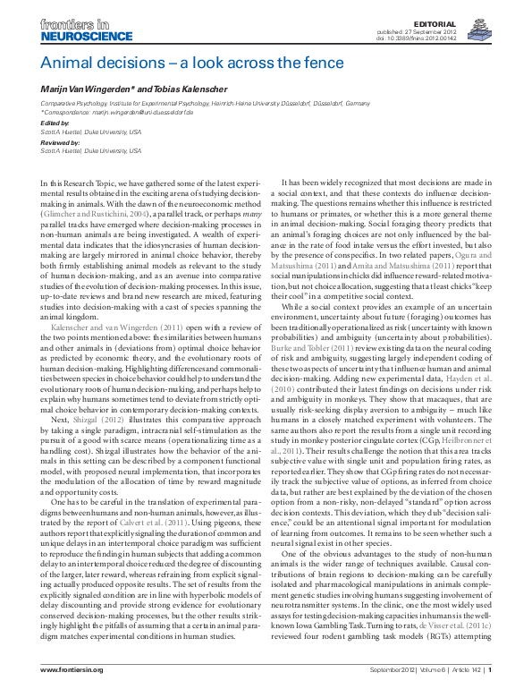 (PDF) Animal decisions - a look across the fence | Tobias Kalenscher ...