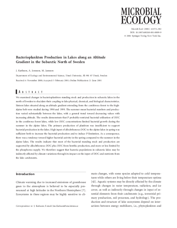 (PDF) Bacterioplankton Production in Lakes along an Altitude Gradient in the Subarctic North of ...