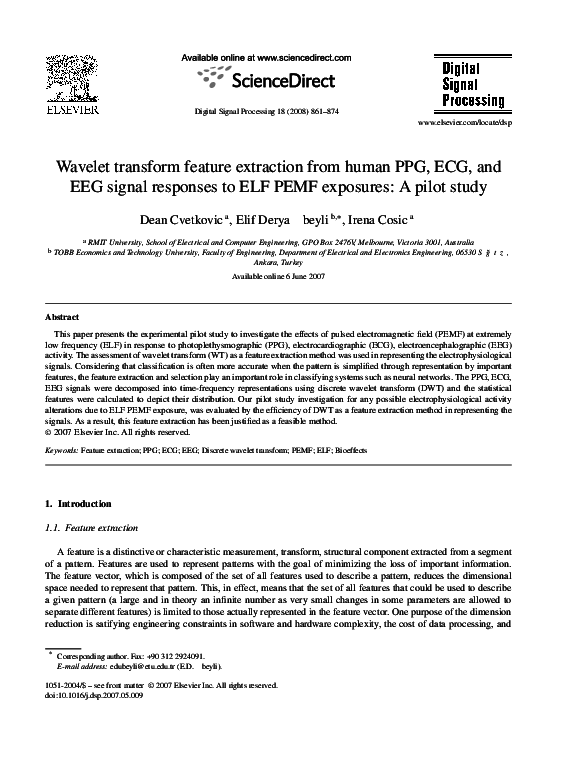 Pdf Wavelet Transform Feature Extraction From Human Ppg Ecg And Eeg Signal Responses To Elf