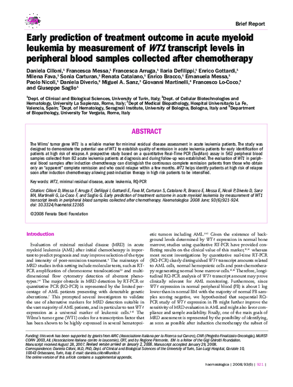 (PDF) Early prediction of treatment outcome in acute myeloid leukemia by measurement of WT1 ...