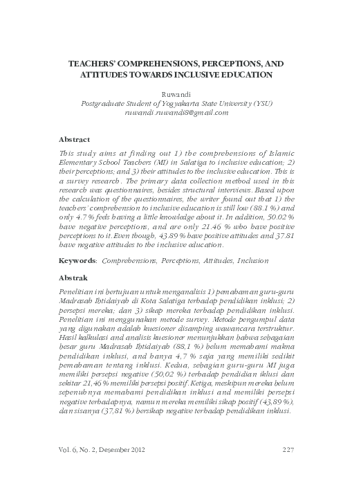 (PDF) TEACHERS’ COMPREHENSIONS, PERCEPTIONS, AND ATTITUDES TOWARDS INCLUSIVE EDUCATION