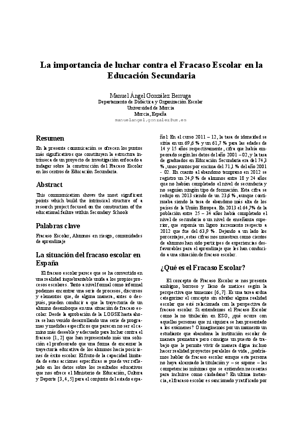 (PDF) La importancia de luchar contra el Fracaso Escolar en la Educación Secundaria