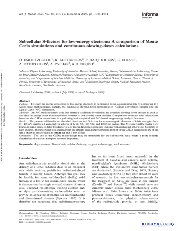 (PDF) Subcellular S-factors for low-energy electrons: A comparison of Monte Carlo simulations ...