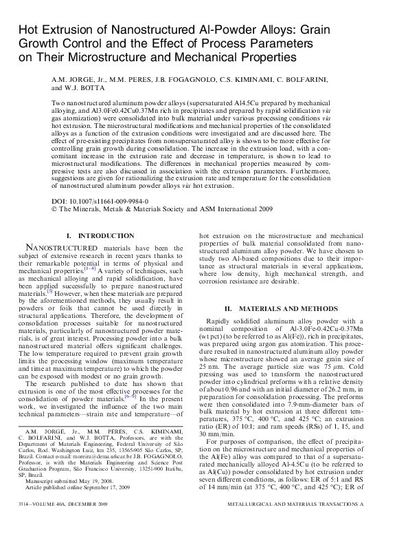 (PDF) Hot Extrusion of Nanostructured Al-Powder Alloys: Grain Growth Control and the Effect of ...