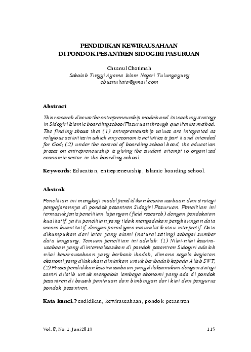 (PDF) PENDIDIKAN KEWIRAUSAHAAN DI PONDOK PESANTREN SIDOGIRI PASURUAN