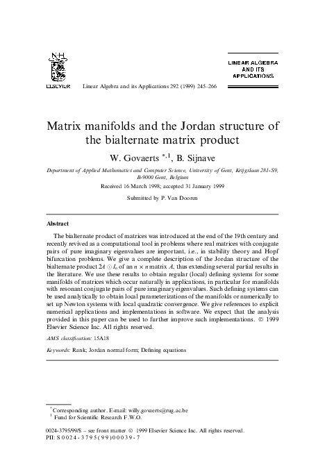 (PDF) Matrix manifolds and the Jordan structure of the bialternate ...